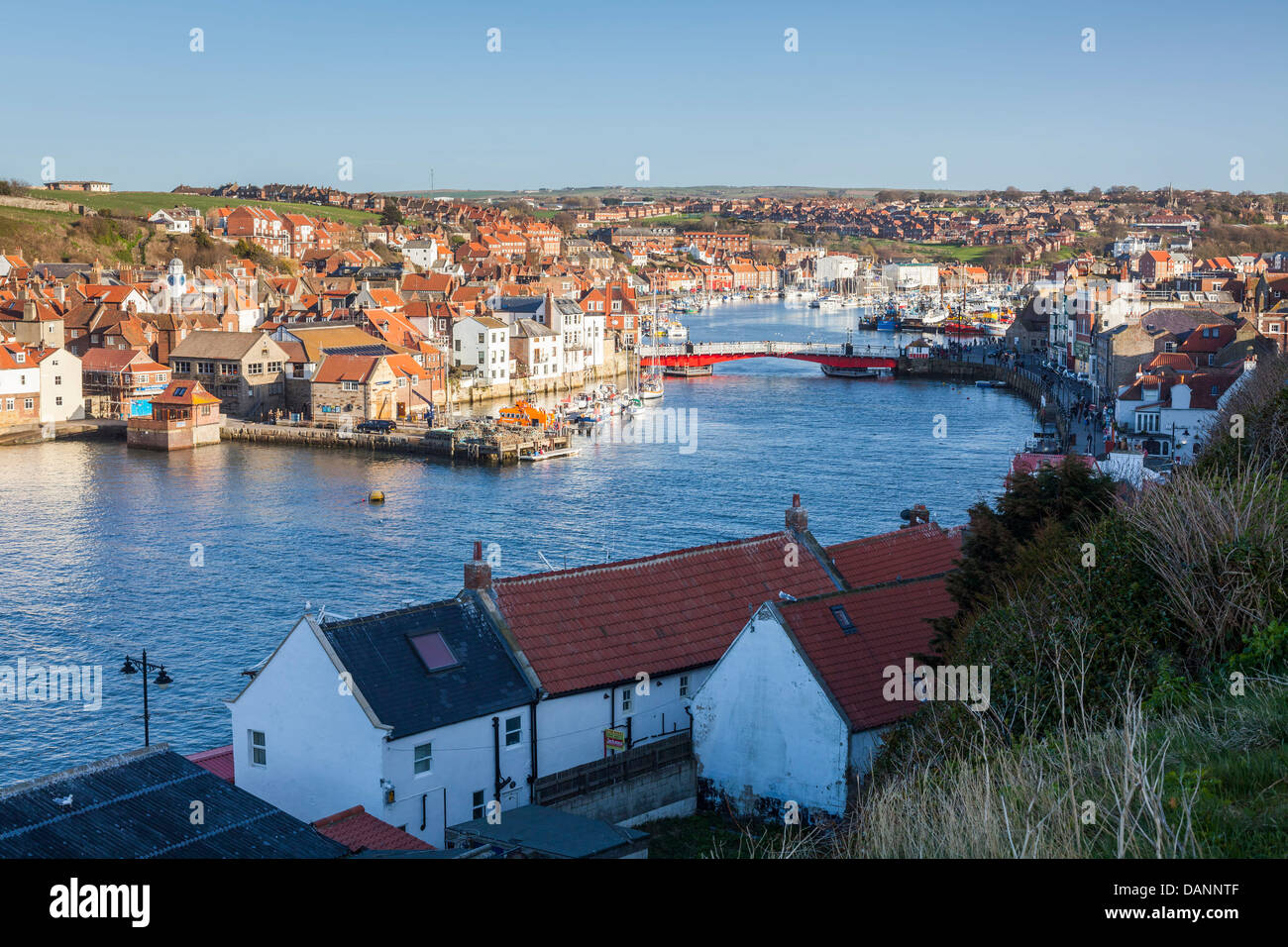 View over Whitby Harbour and the Esk estuary, North Yorkshire Stock ...