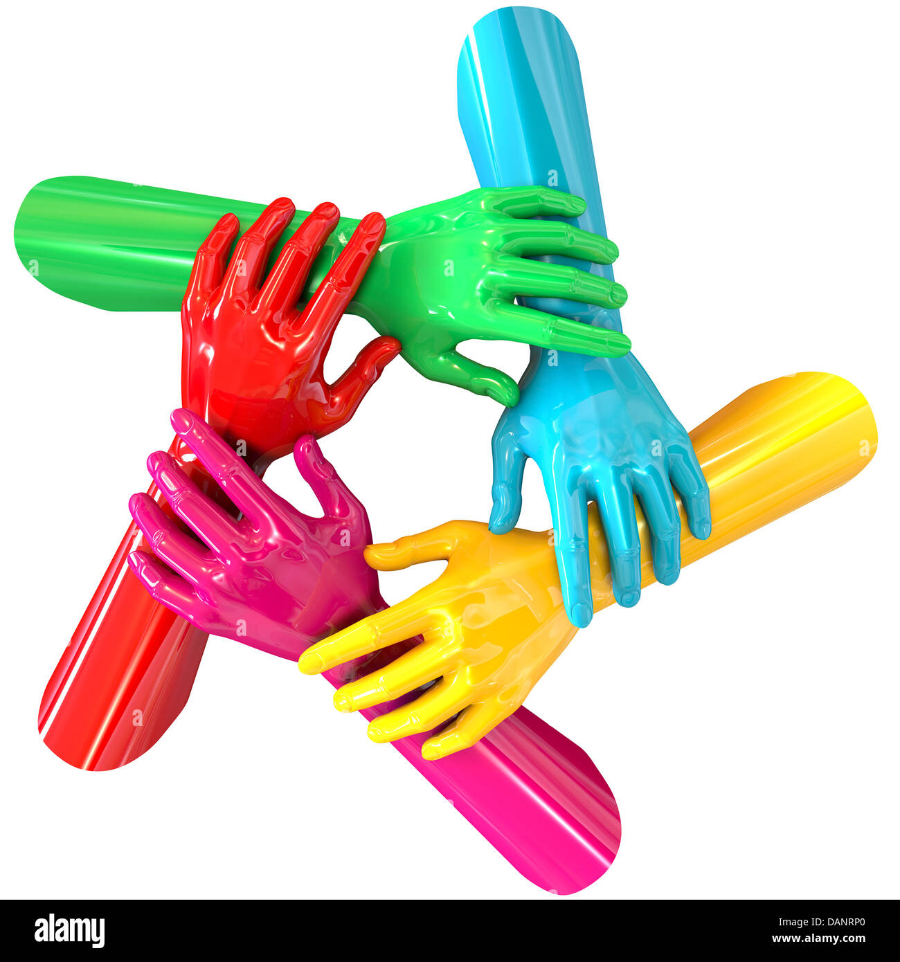 A top view of a circular group of glossy multicolored hands each ...