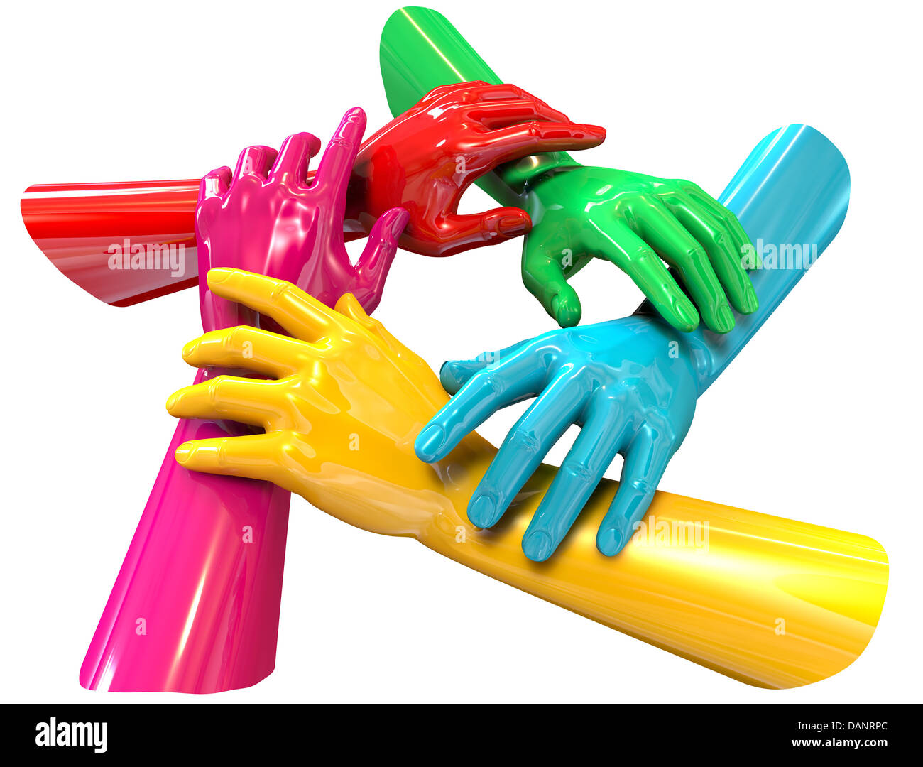 A top view of a circular group of glossy multicolored hands each ...
