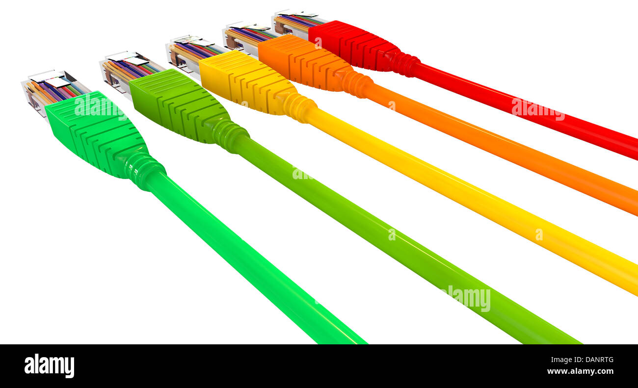 A set of five colorful ethernet plugs with chords all facing in the ...