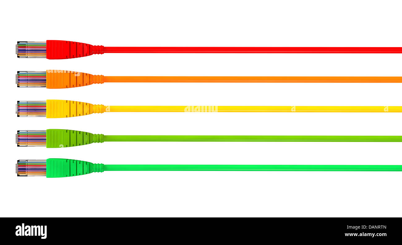 A set of five colorful ethernet plugs with chords all facing in the ...
