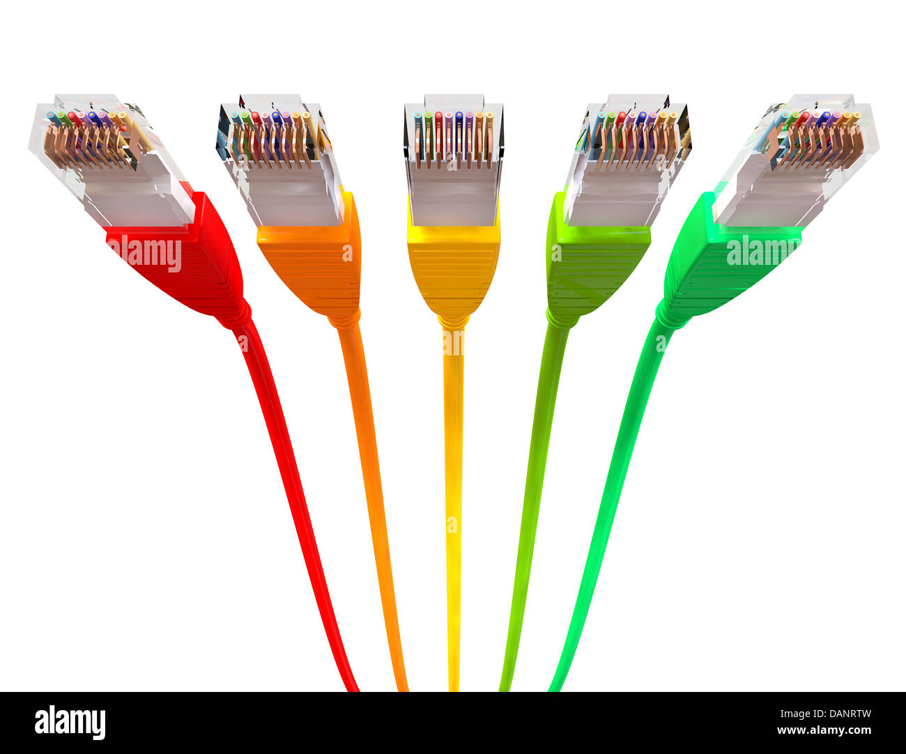 A set of five colorful ethernet plugs with chords all facing in the ...