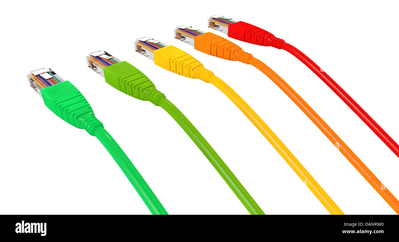 A set of five colorful ethernet plugs with chords all facing in the ...