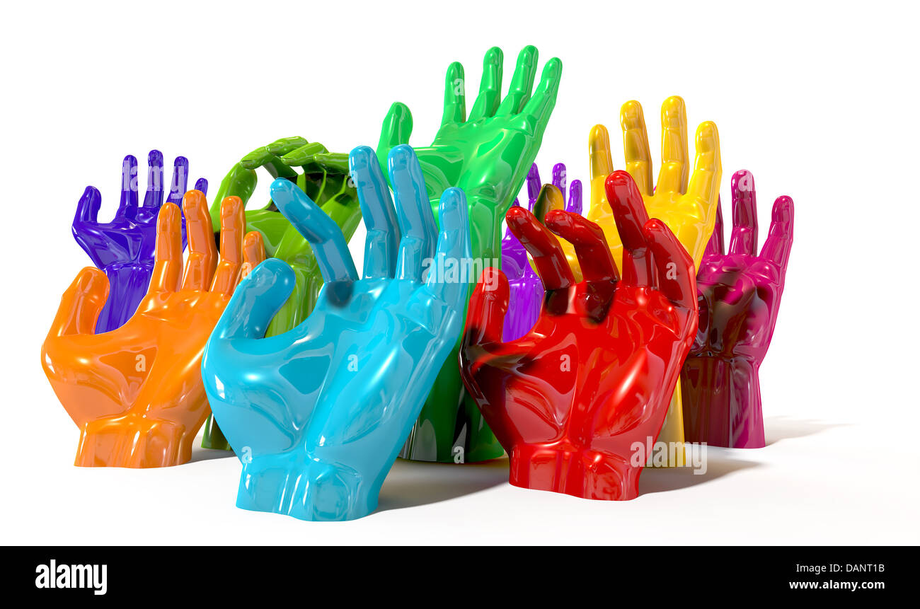 A group of glossy multicolored hands reaching skyward at various ...