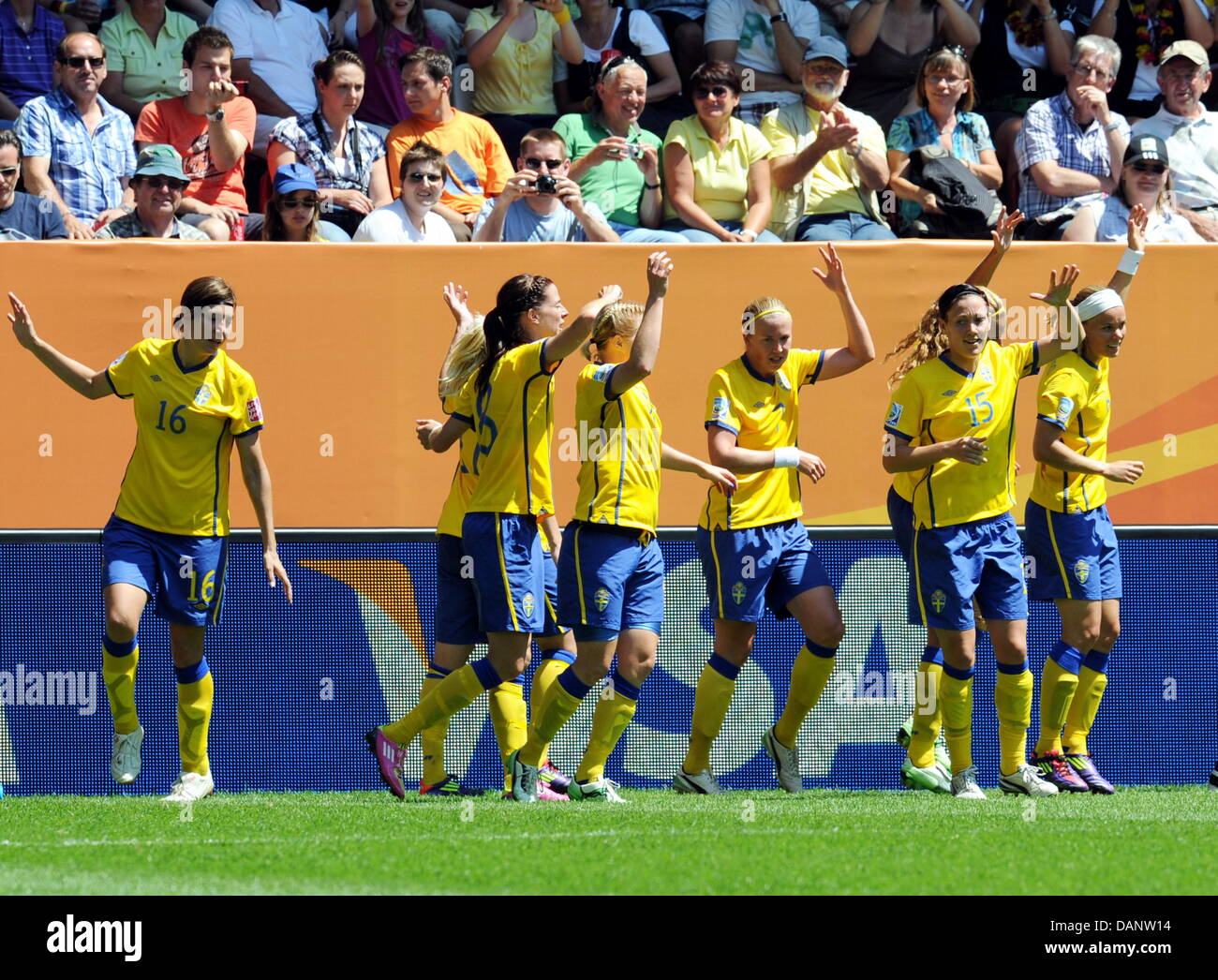 Sweden's Lotta Schelin (2-L) celebrates with her teammates after ...
