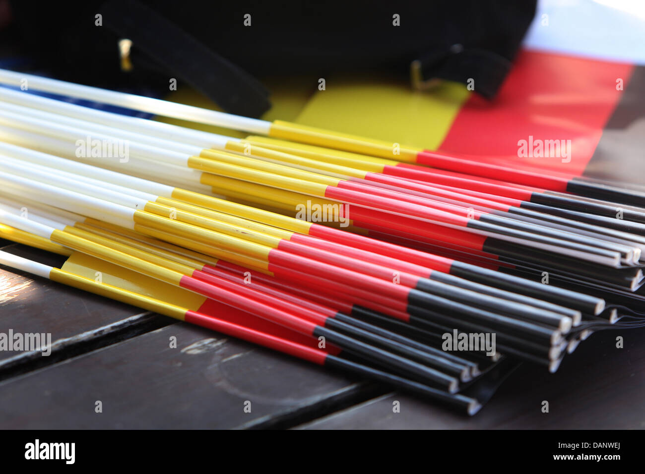 German flags sit on the table of a beer garden in Garmisch ...