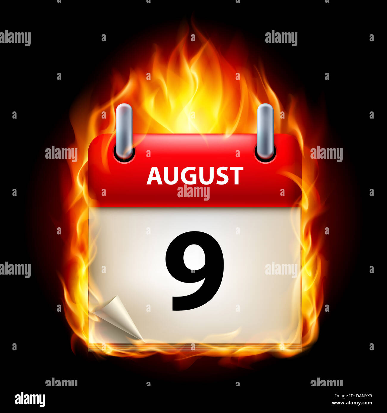Ninth August in Calendar. Burning Icon on black background Stock Photo ...
