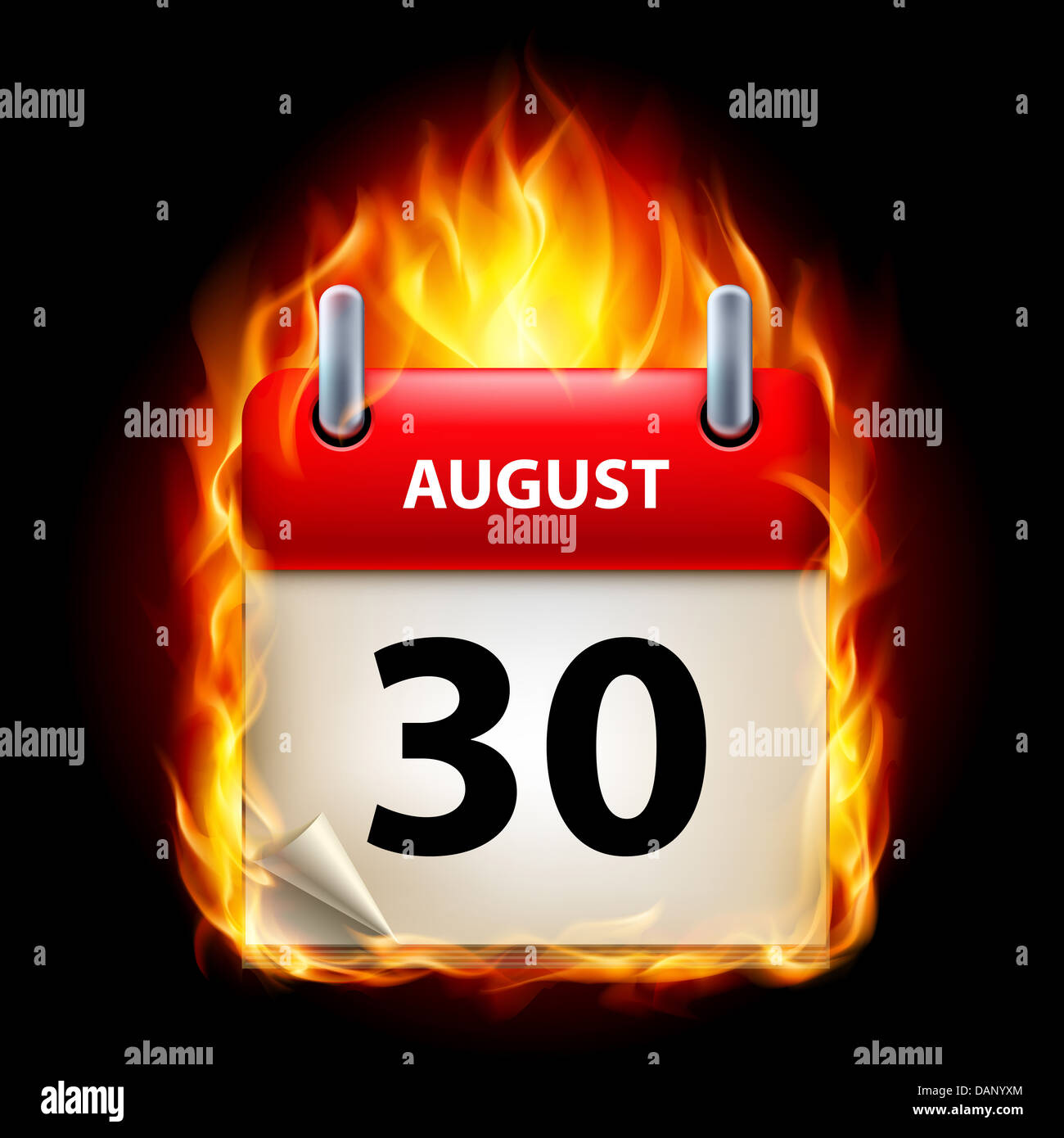 Thirtieth August in Calendar. Burning Icon on black background Stock ...