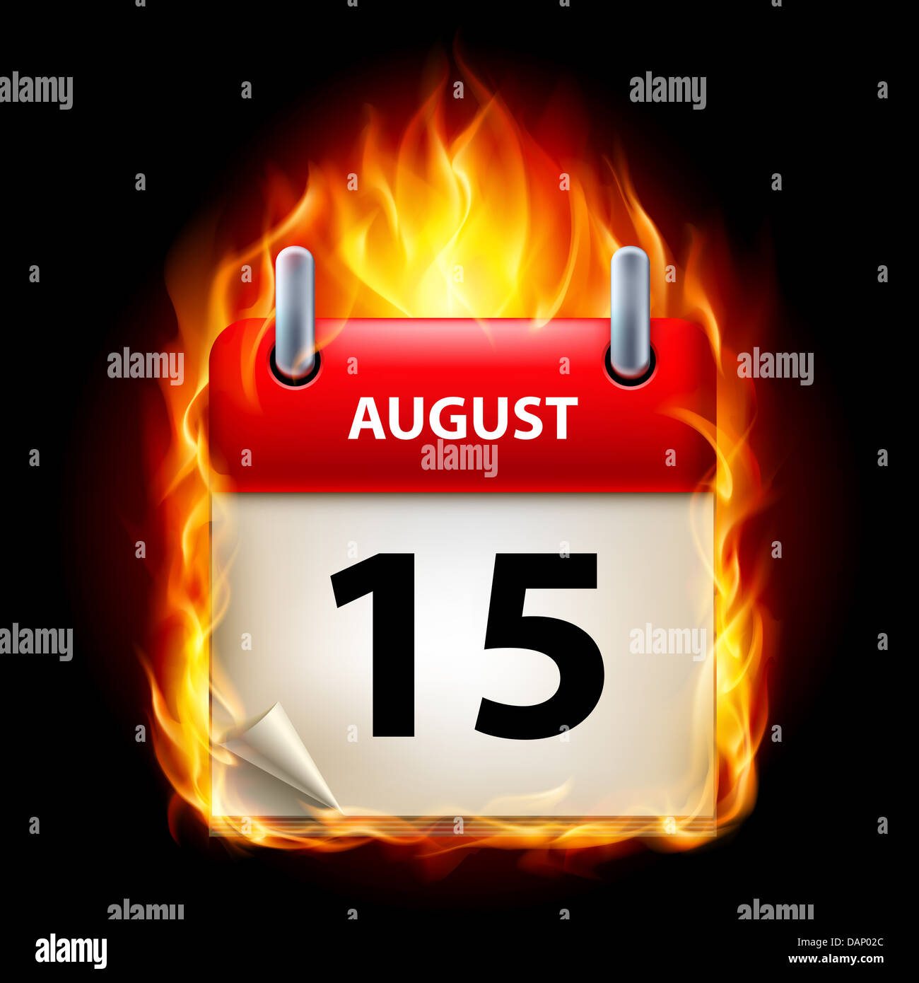Fifteenth August in Calendar. Burning Icon on black background Stock ...