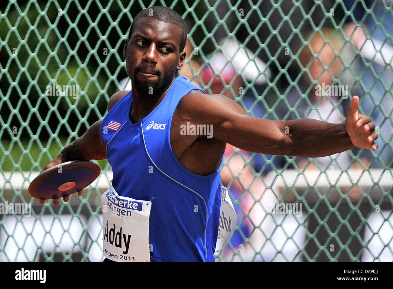 Liberian decathlete Jangy Addy competes in the discus throw competition ...