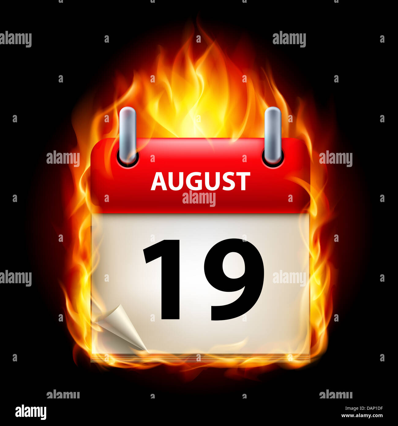Nineteenth August in Calendar. Burning Icon on black background Stock ...