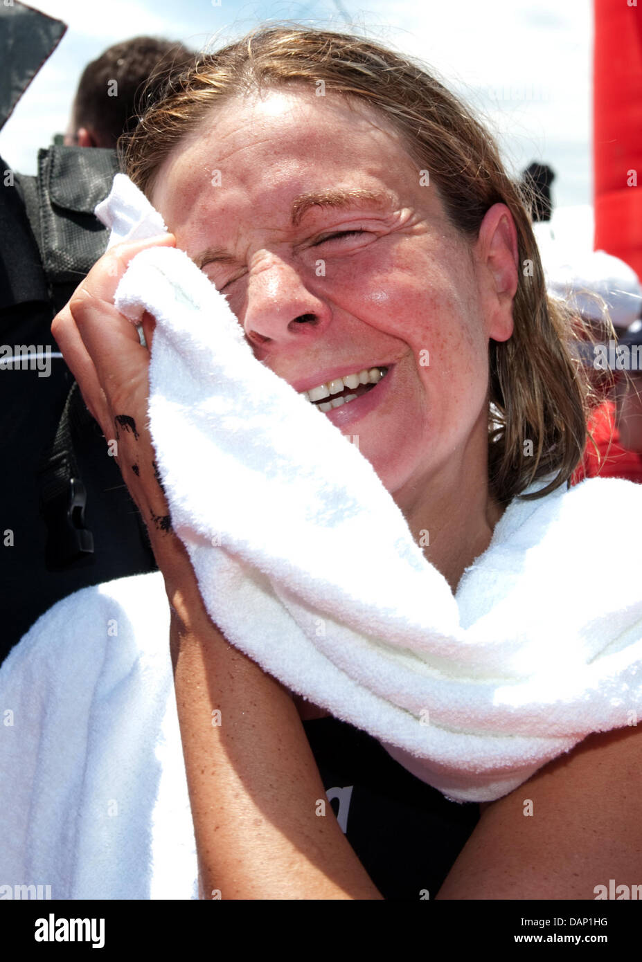 Germany's Angela Maurer celebrates after finishing the 10 km Open Water ...