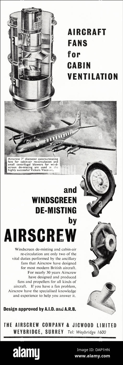 Advert for aircraft cabin ventilation fans by The Airscrew Company ...