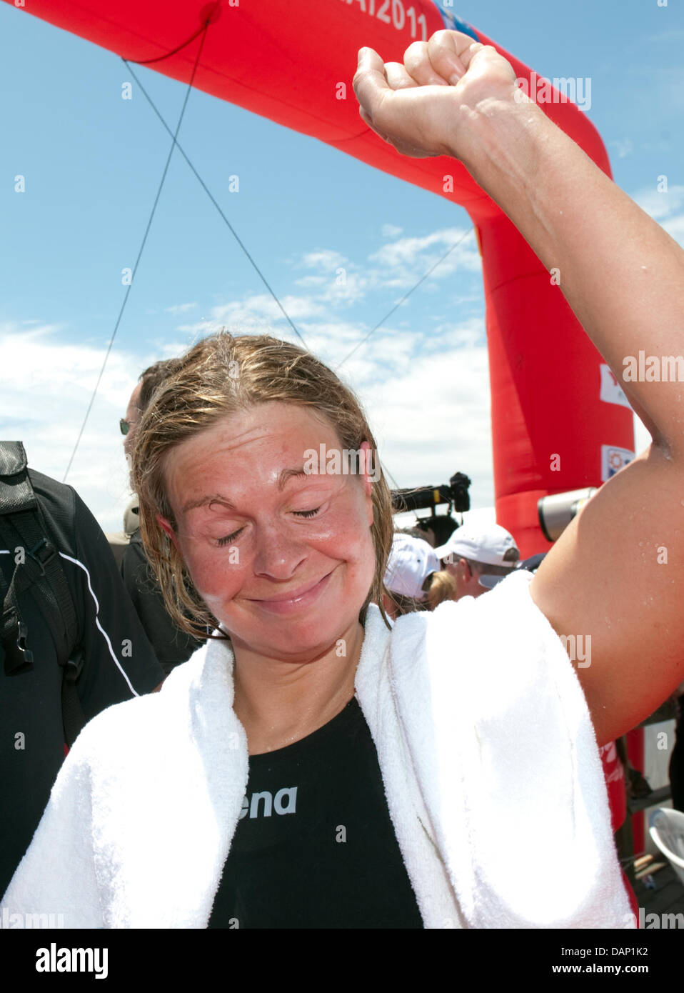 Germany's Angela Maurer celebrates after finishing the 10 km Open Water ...
