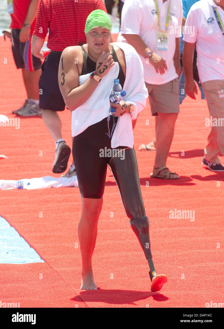 One-legged South African swimmer, Natalie Du Toit after finishing the ...