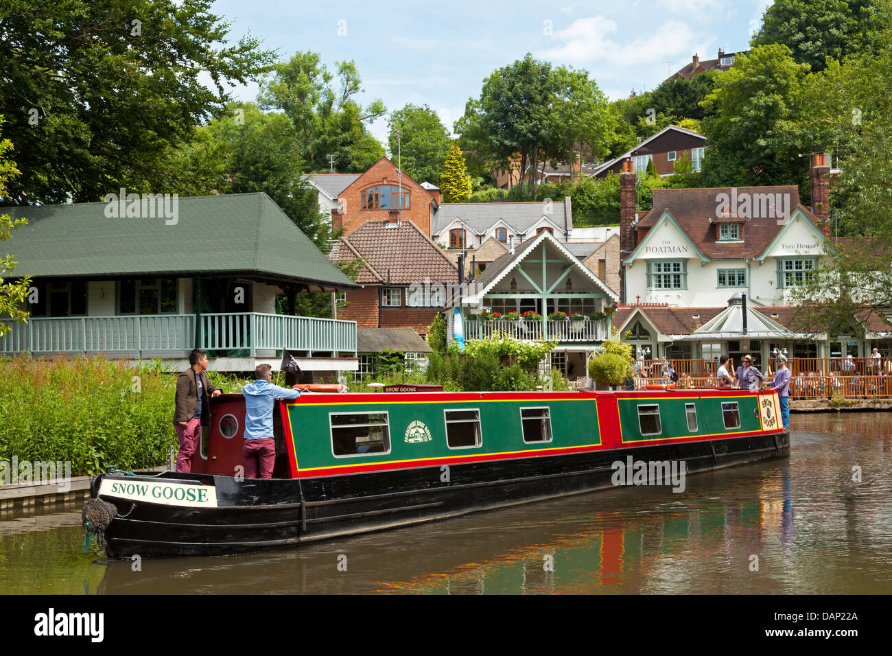 Narrowl Boat cruising the River Wey at Guildford Surrey England Stock ...