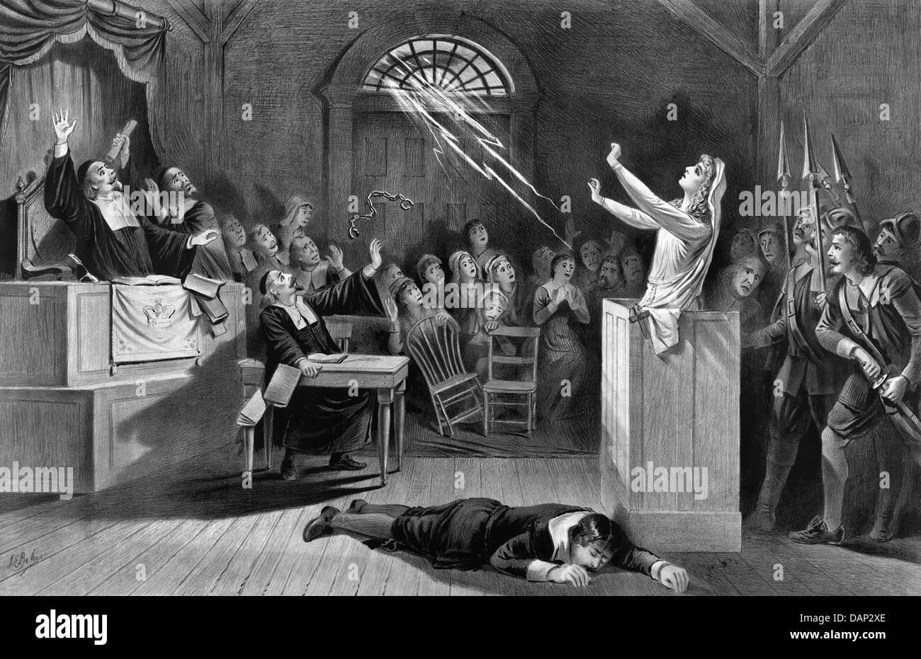 SALEM WITCH TRIALS as shown in a somewhat fanciful engraving about 1892 ...