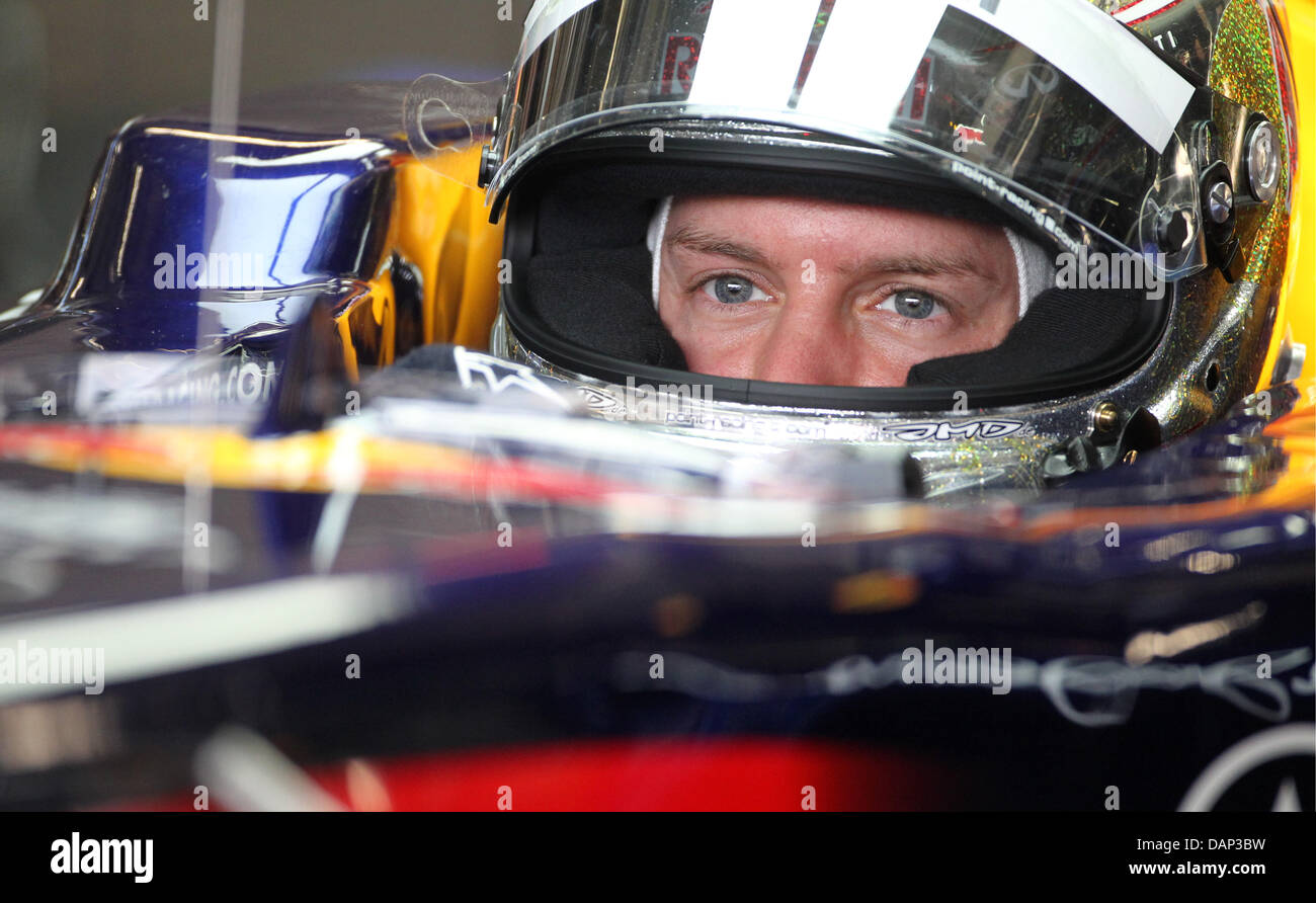 German Formula One driver Sebastian Vettel of Red Bull sits in his car ...