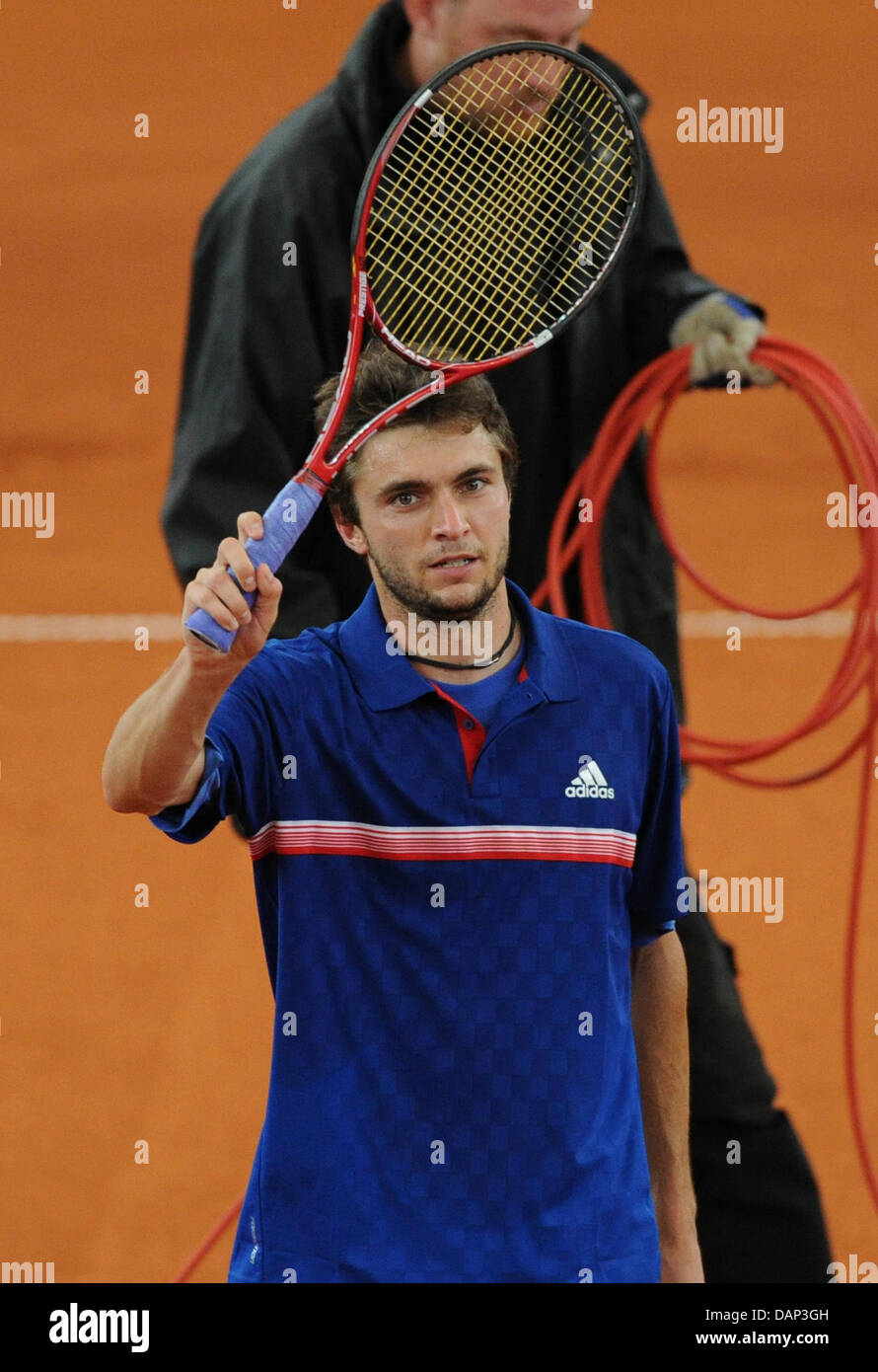 French tennis professional Gilles Simon cheers about his triumph during ...