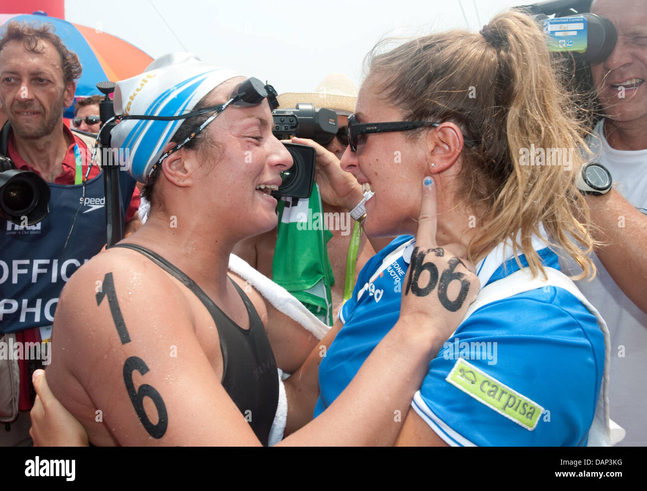 Alice Franco from Italy (L) is celebrating after finishing third place ...