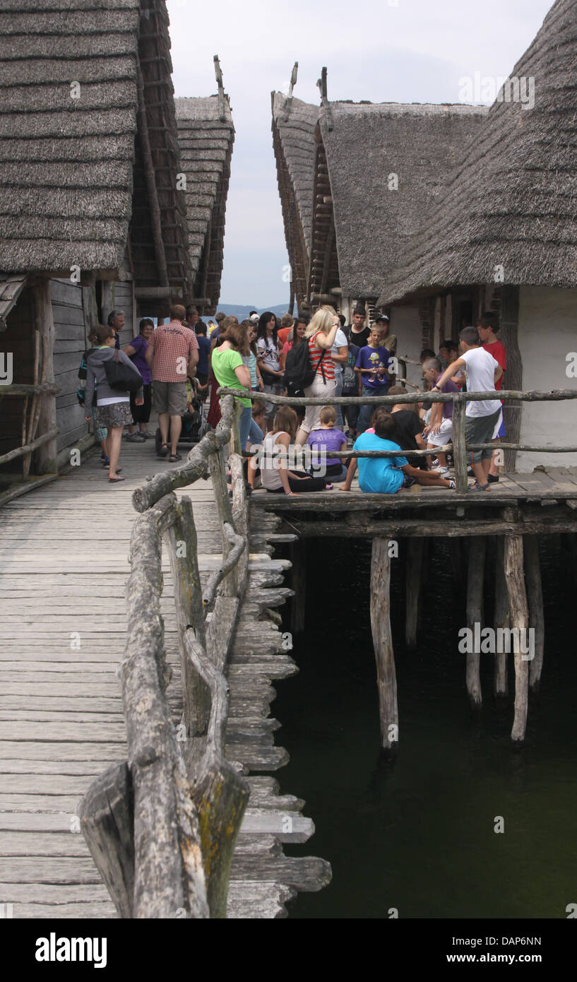 Replicas of Stone Age stilt houses stand in the water of Lake Constance ...