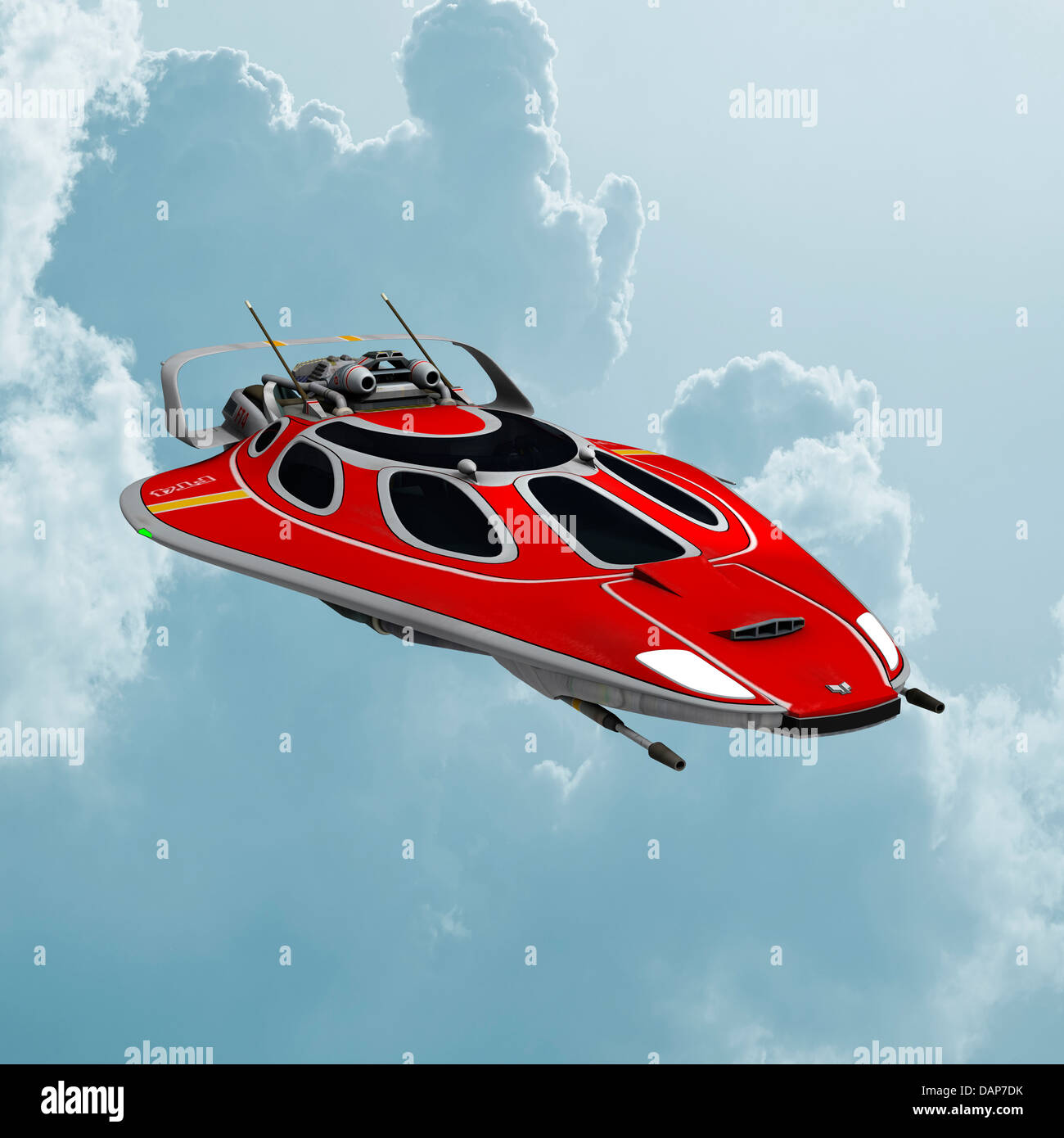 3D digital render of a red spaceship isolated on blue sky background ...