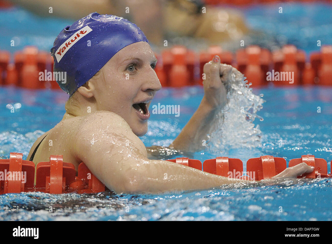 Swimmer Rebecca Adlington of Great Britan celebrates after winning the ...