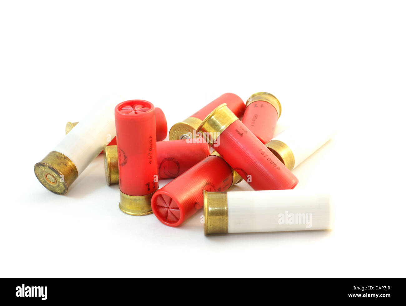 red and white shotgun cartridges isolated over white Stock Photo - Alamy