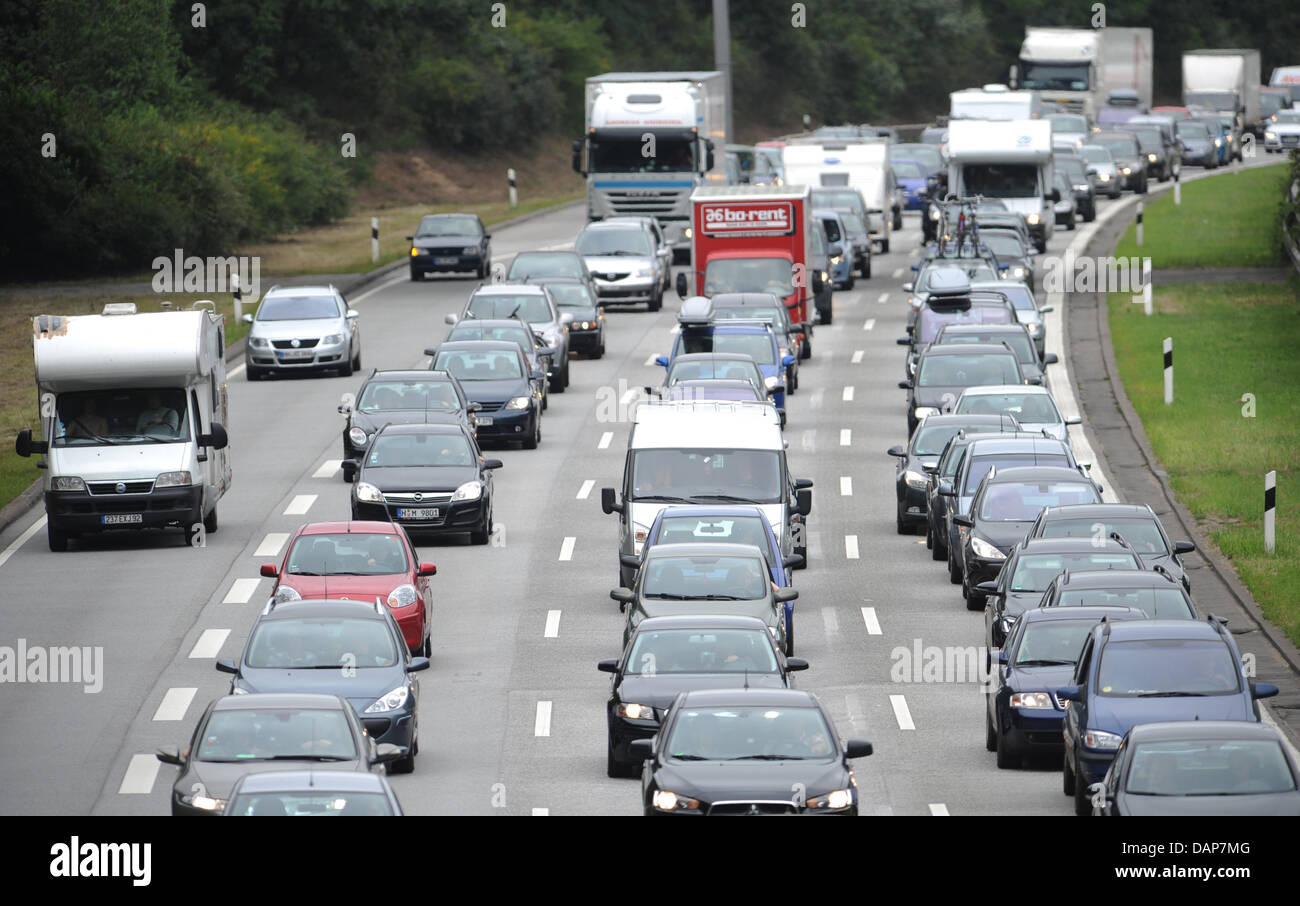 Cars accumulate on Autobahn A7 in Hamburg, Germany, 30 July 2011. A ...