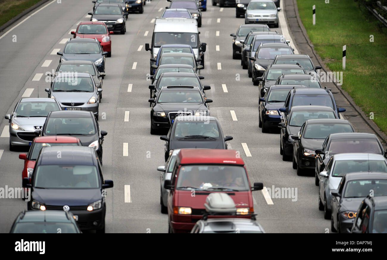 Cars accumulate on Autobahn A7 in Hamburg, Germany, 30 July 2011. A ...