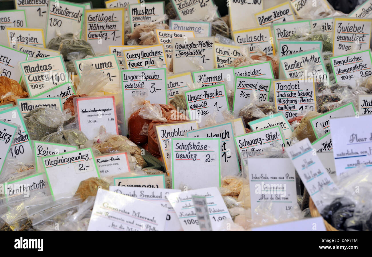 Dozens of pricetags for the many diverse spices from the entire world ...