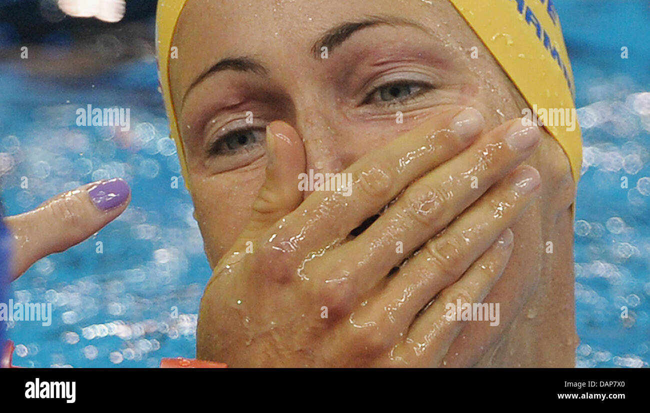 Swimmer Therese Alshammar of Sweden celebrates after winning the 50m ...