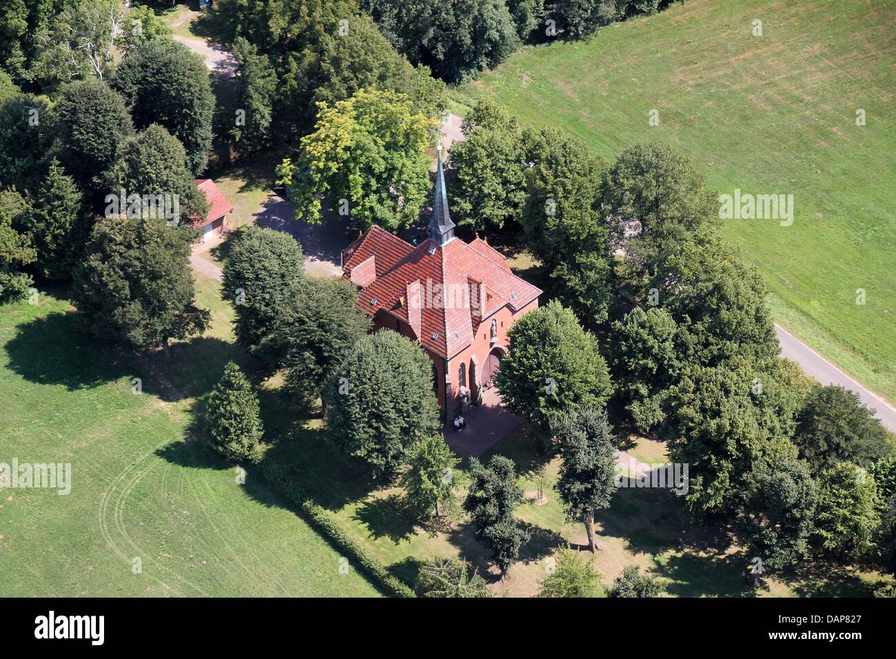 The aerial shows the pilgrims field at the pilgrimage chapel Etzelsbach ...