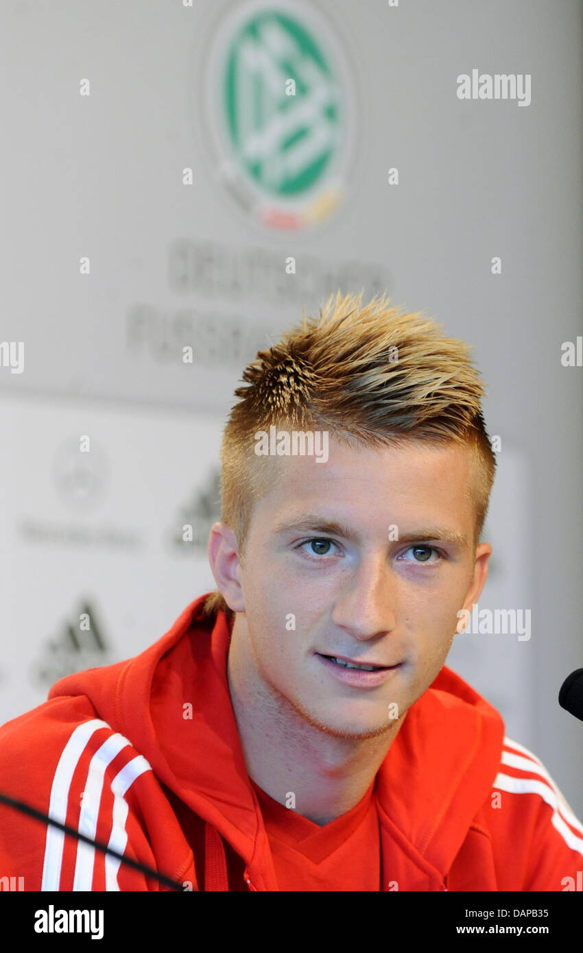 The national player Marco Reus speaks during a press conference of the ...