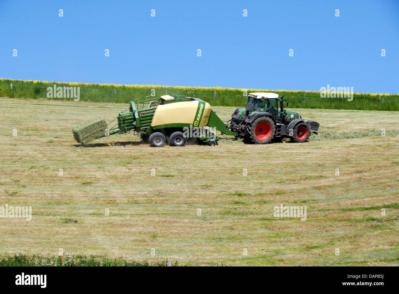 Tractor with baler making hay bales for silage, Sussex, England UK ...