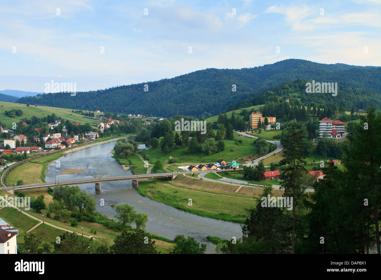 Poprad river in Muszyna - resort in Beskidy mountains, southern Poland ...