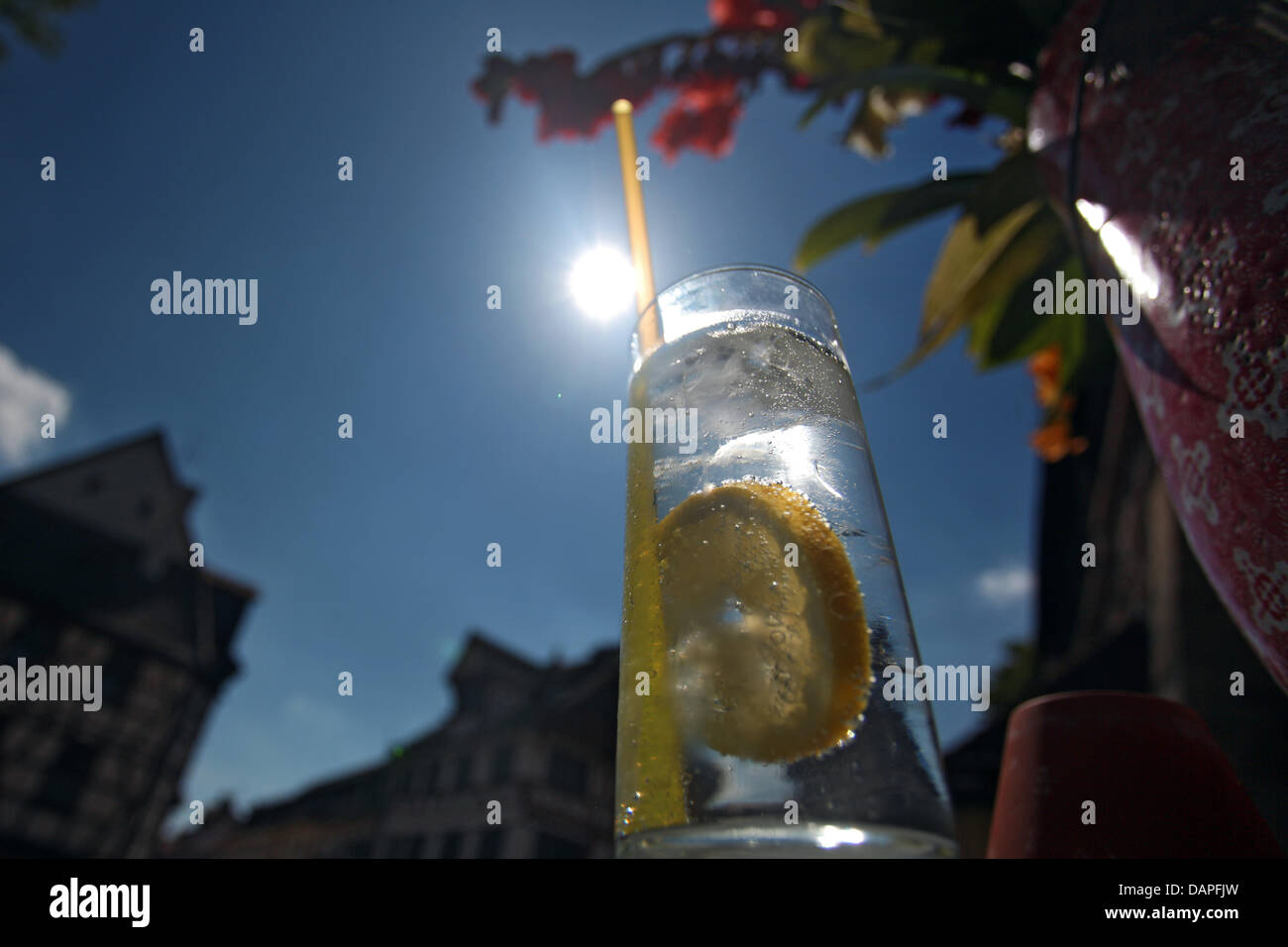 A glas of mineral water with ice, a slice of lemon and a straw stands ...