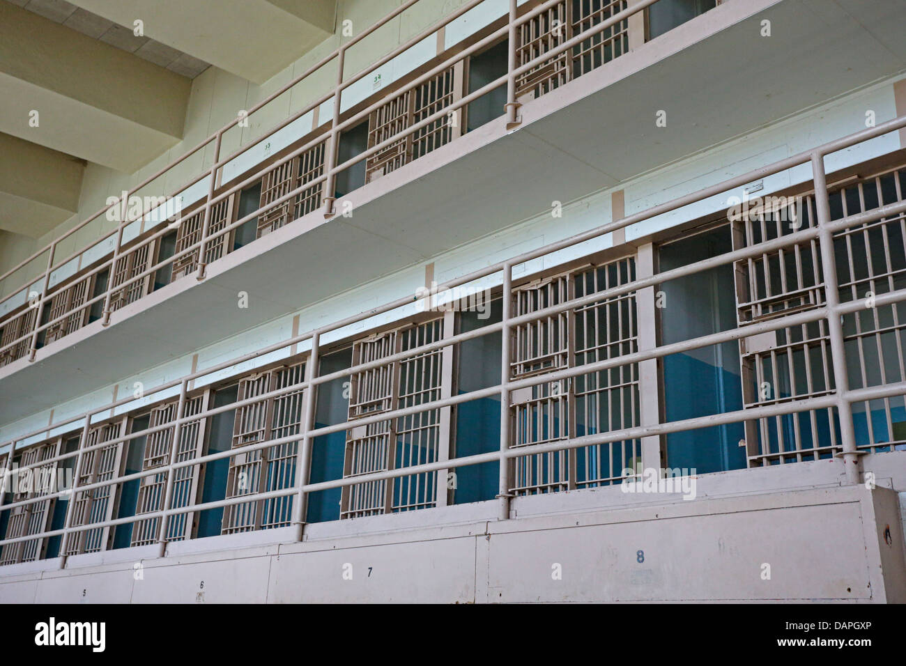 Line of prison cells in Alcatraz prison San Francisco California Stock ...
