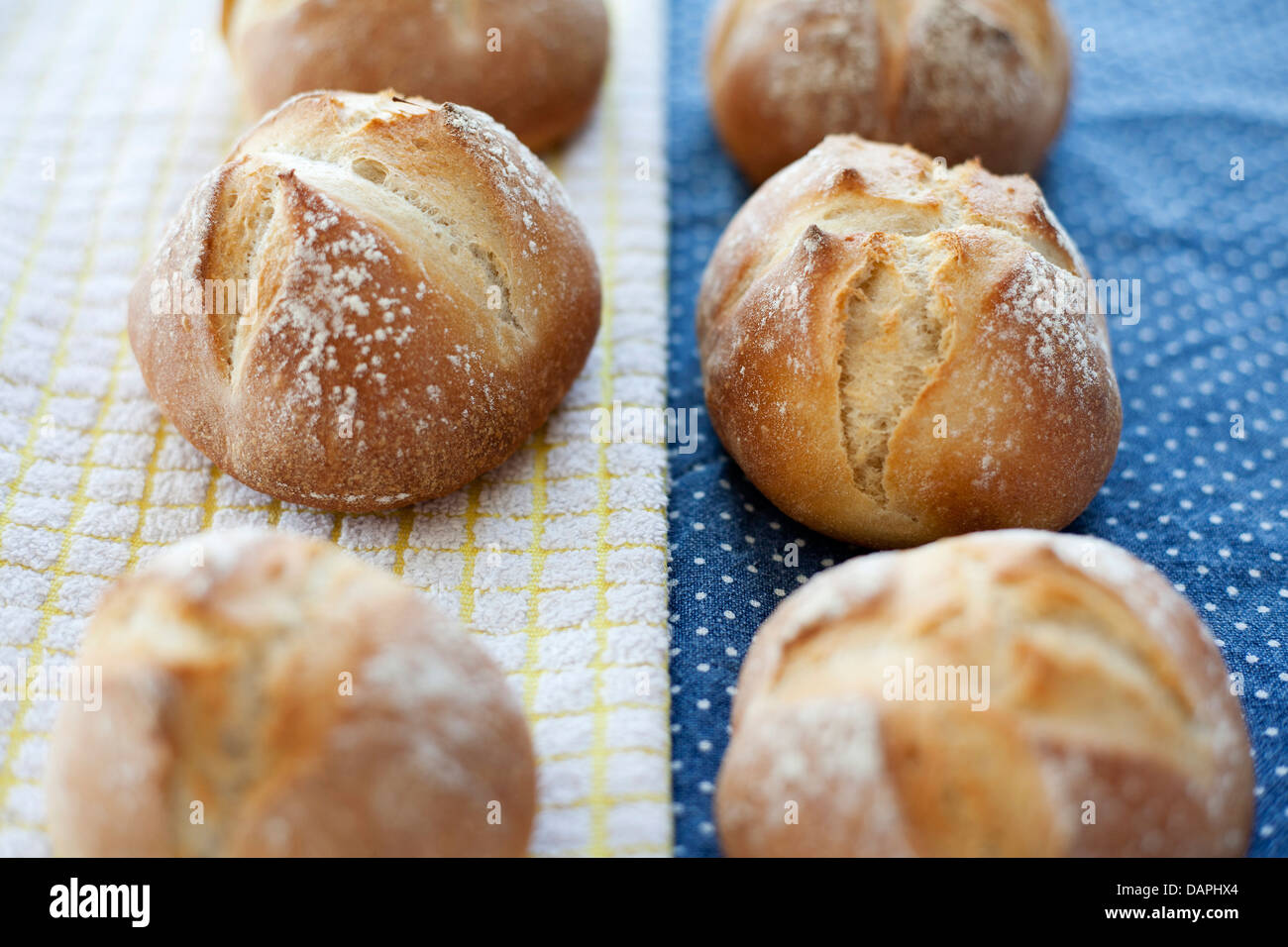 Cooked rustic, crusty rolls, lay on an blue and yellow cloth Stock ...