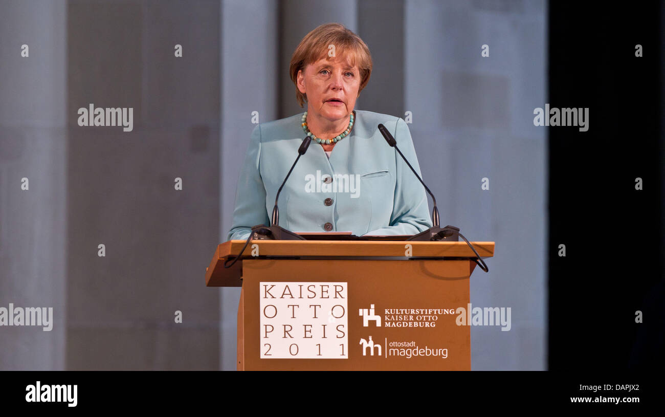 German Chancellor Angela Merkel, recipient of Kaiser Otto Prize, gives ...