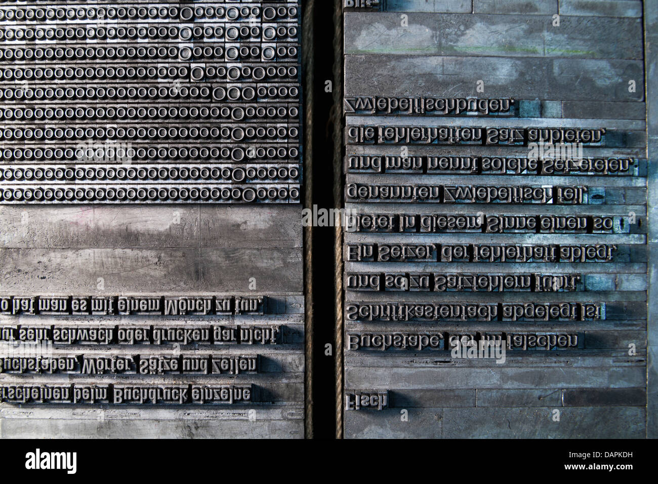 Germany, Bavaria, Detail of lead typesetting at traditional print shop ...