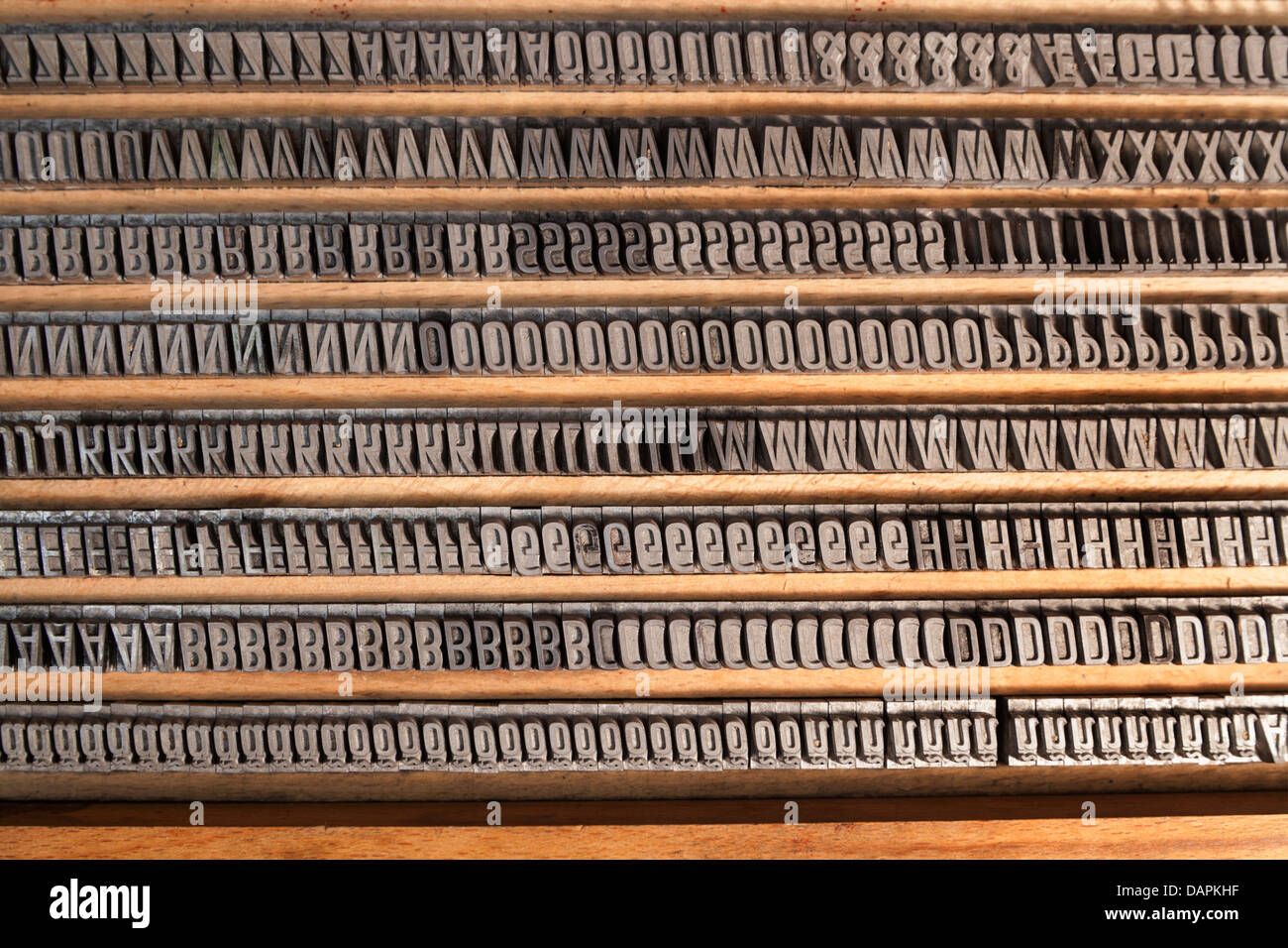 Germany, Bavaria, Detail of lead typesetting at traditional print shop ...