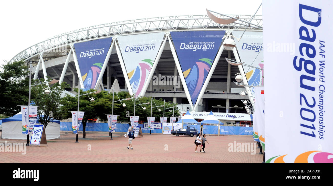 Colourfull flags outside the Daegu stadium announce the 13th IAAF World ...