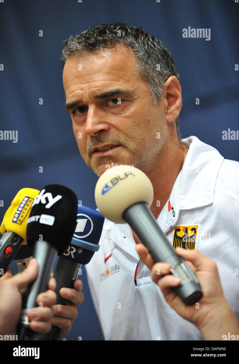 German basketball coach Dirk Bauermann gives an interview plays prior ...