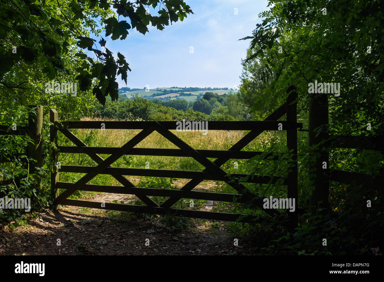 Dartington, Devon, England. July 15th 2013. A farm gate and the the ...
