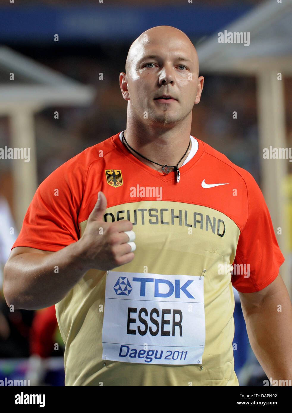 Markus Esser of Germany reacts in the men's Hammer Throw qualification ...