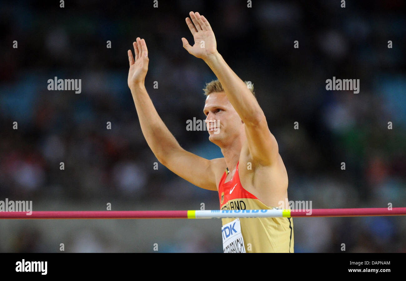 Pascal Behrenbruch of Germany reacts in the High Jump event of the ...
