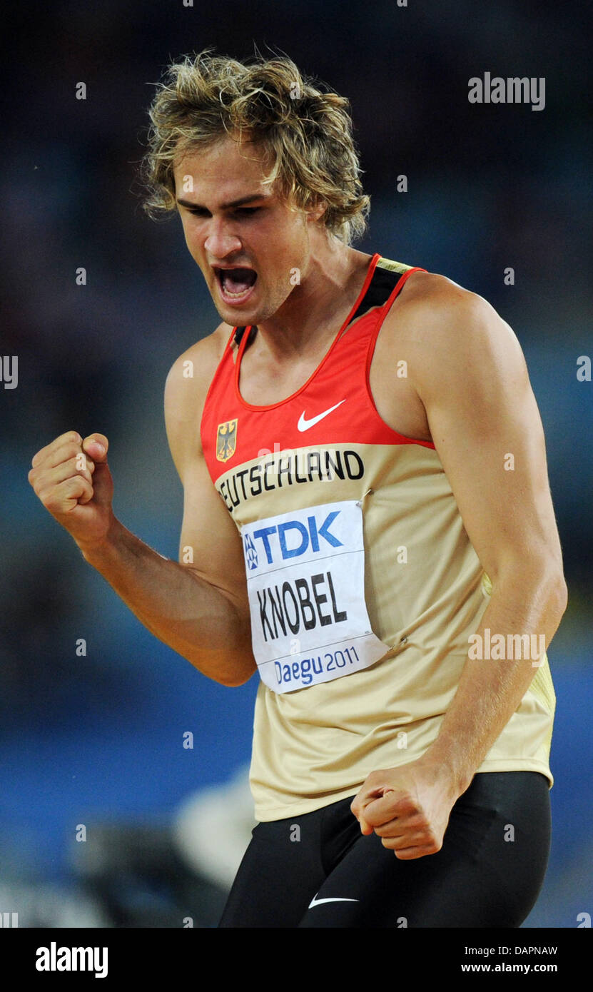 Jan Felix Knobel of Germany reacts in the High Jump event of the ...