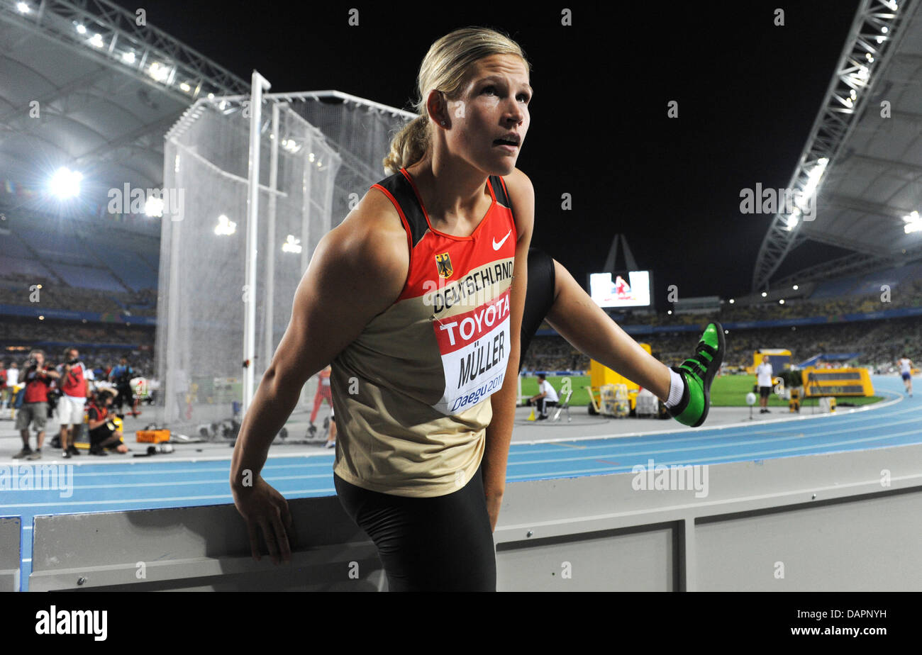 Nadine Müller of Germany reacts in the Women's Discus final at the 13th ...