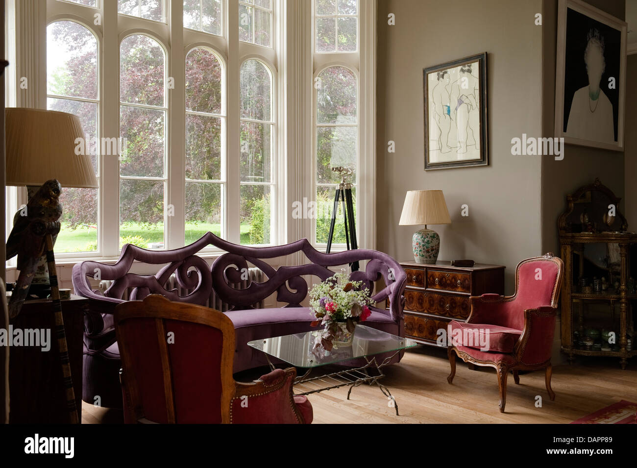 Ornate sofa set in window of Gloucestershire country estate house Stock ...